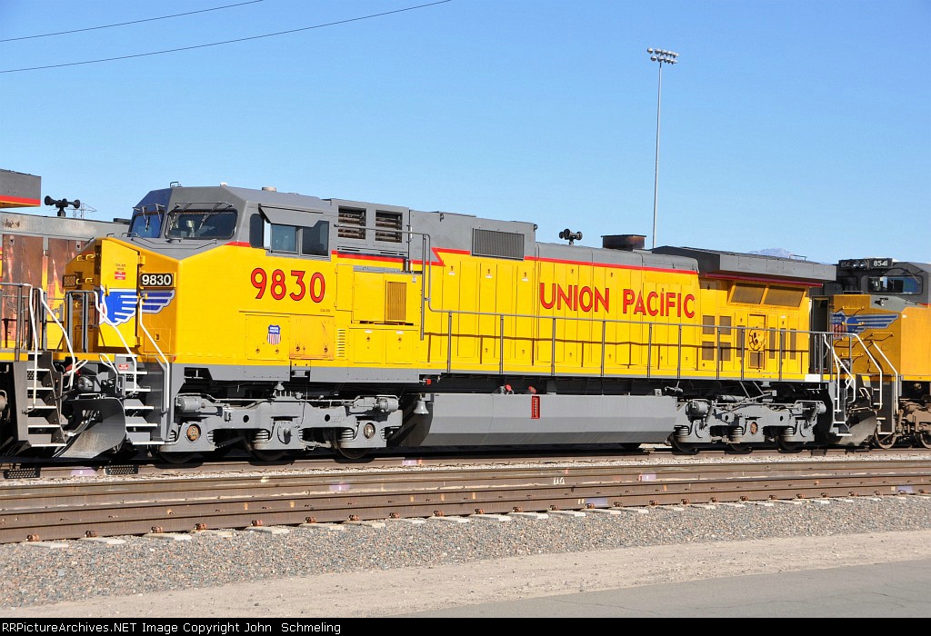 UP 9830 (C44-9W) in fresh paint at West Colton CA. 1/19/2010